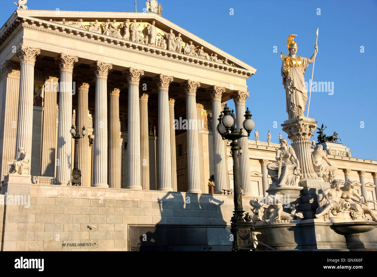 The Austrian Parliament and Athena Fountain in Vienna, Austria Stock ...
