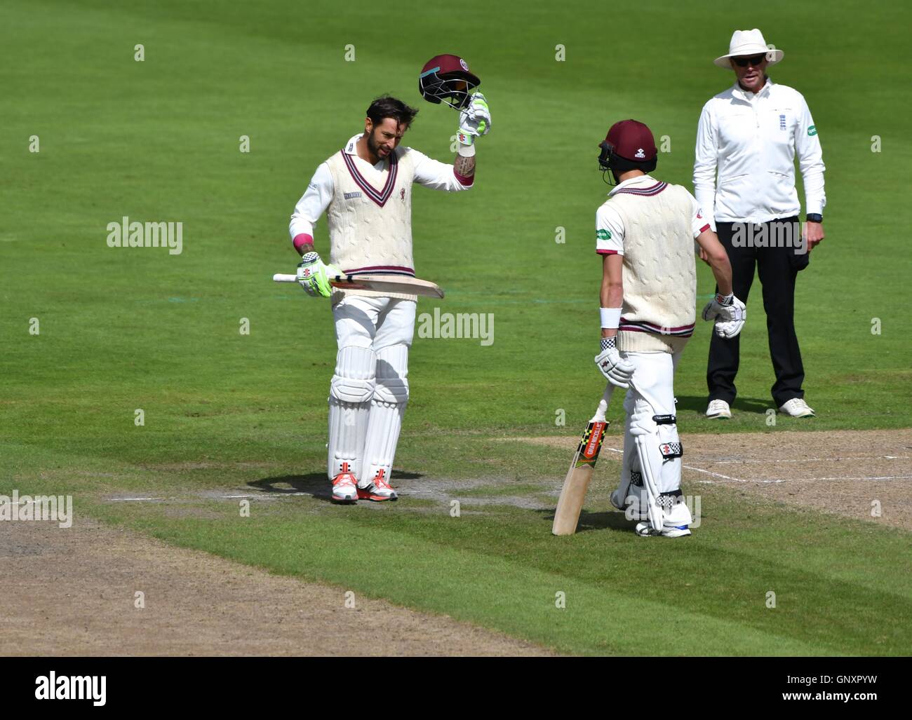 Manchester, UK. 1st Sep, 2016. Peter Trego (Somerset) celebrates his ...