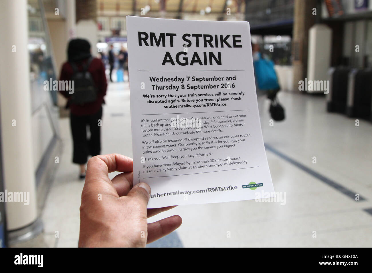London Victoria station, UK. 1st Sep, 2016. Leaflet detailing the RMT ...