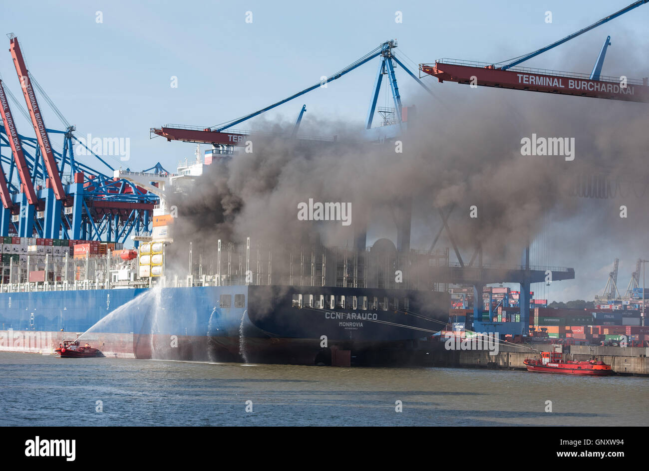 Hamburg, Germany. 01st Sep, 2016. A fire-fighting boat fights a fire on ...