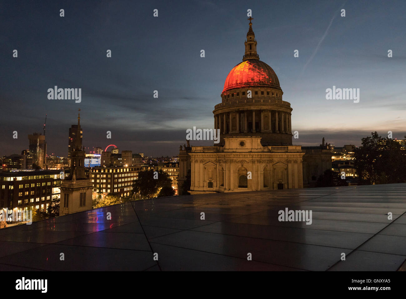 London, UK. 1 September 2016. A projection of flames onto the dome of ...