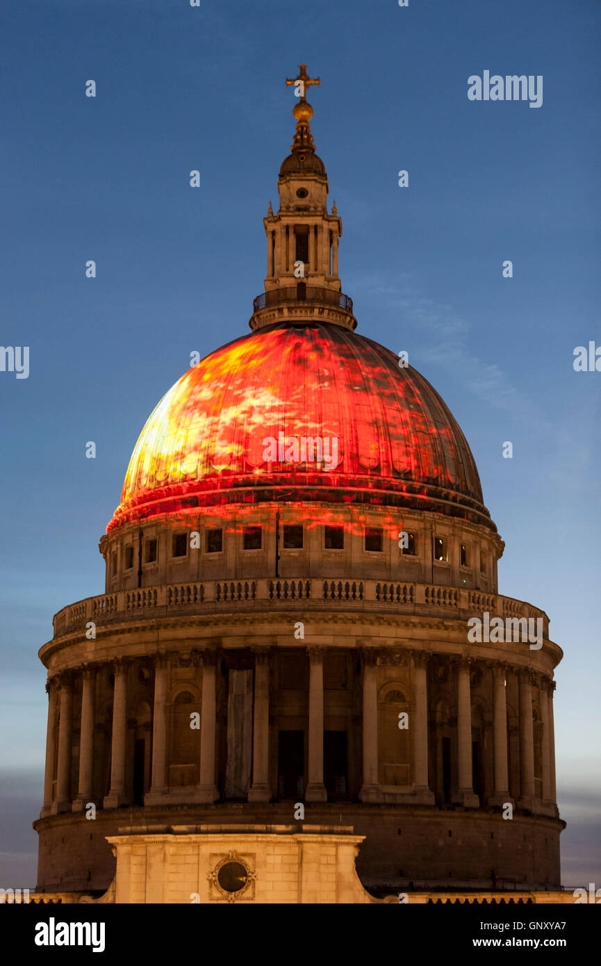 London, UK. 1 September 2016. A projection of flames onto the dome of ...