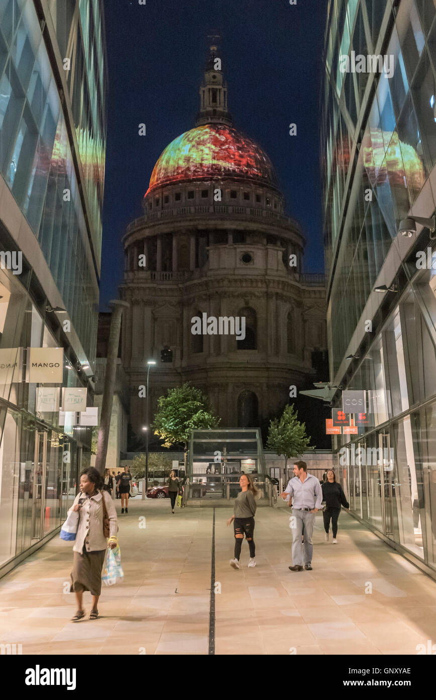 London, UK. 1 September 2016. A projection of flames onto the dome of ...