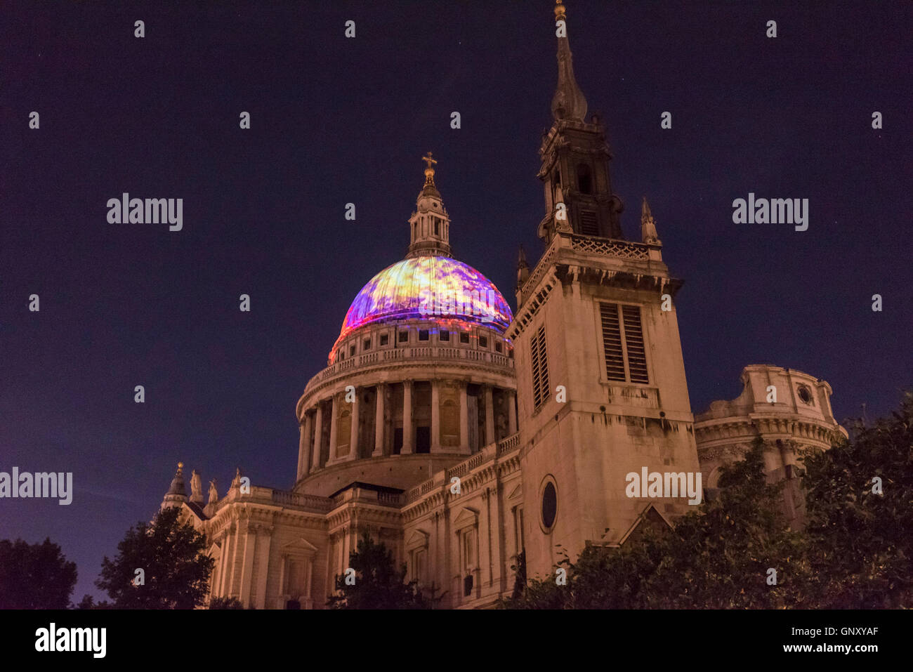London, UK. 1 September 2016. A projection of flames onto the dome of ...