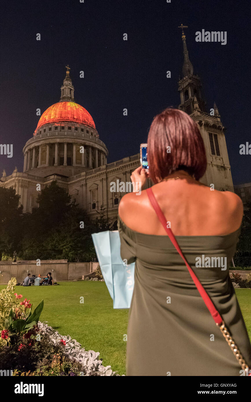 London, UK. 1 September 2016. A projection of flames onto the dome of ...