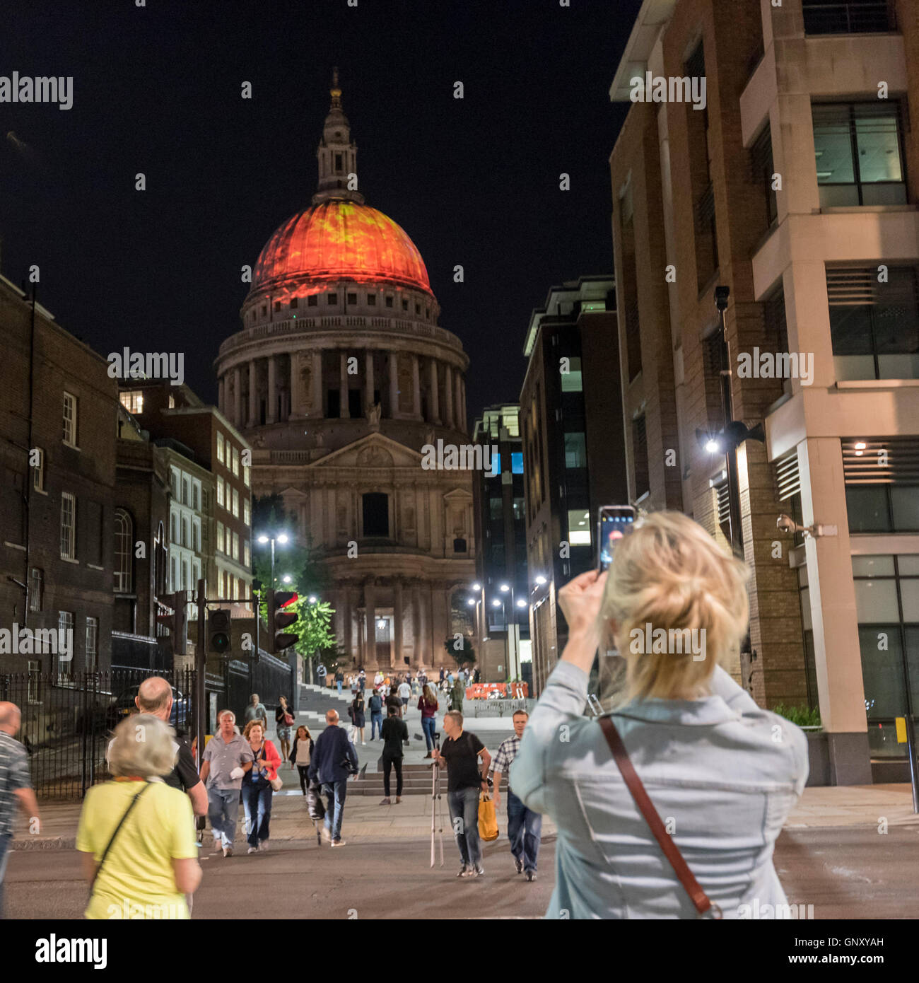 London, UK. 1 September 2016. A projection of flames onto the dome of ...