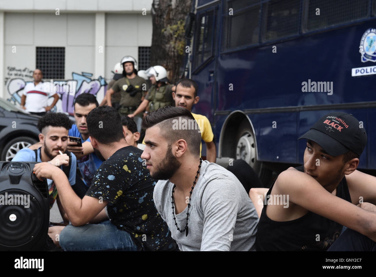 Thessaloniki, Greece. 1st Sept, 2016. People make a sit in protest, as ...