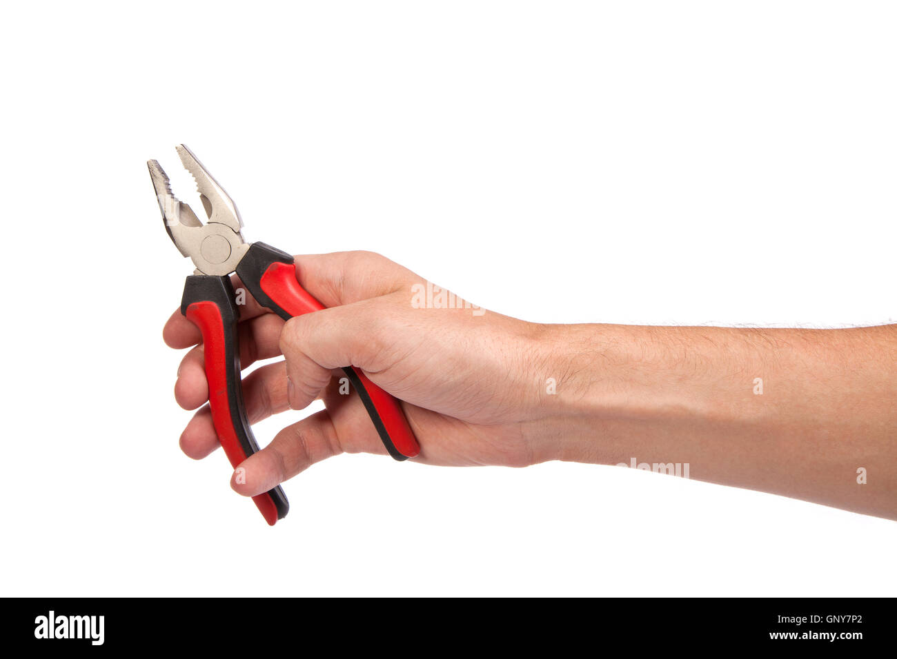 Male hand hold a black and red pliers Stock Photo - Alamy
