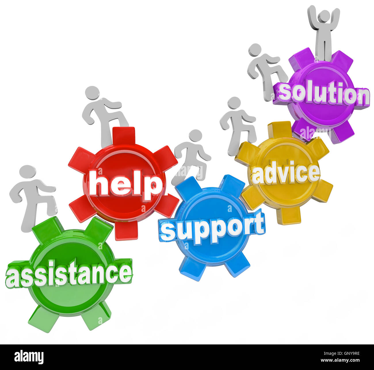 People on Gears Helping Each Other to Reach Solution Stock Photo - Alamy