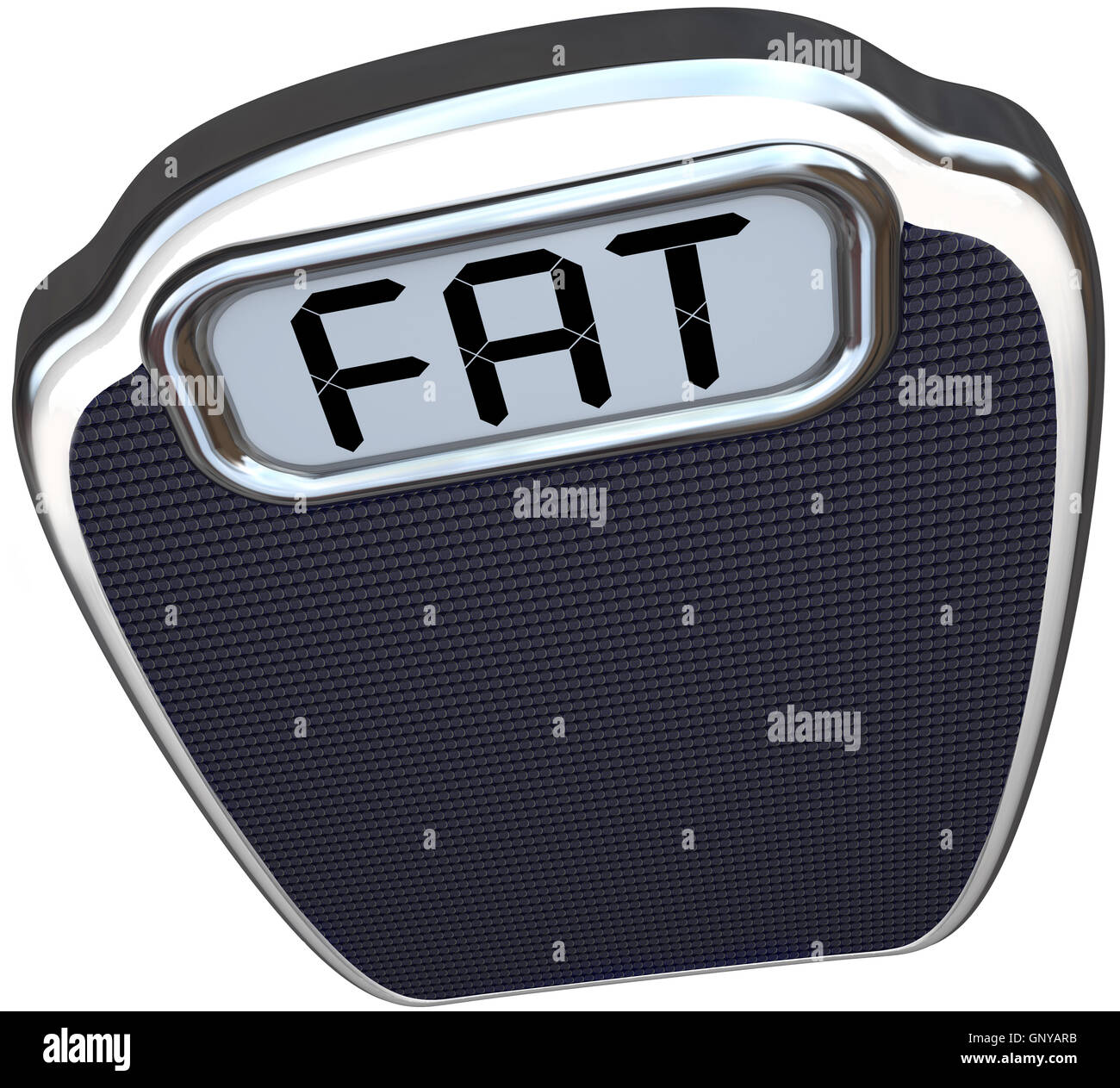Fat Word on Scale Heavy Overweight Obese Stock Photo - Alamy