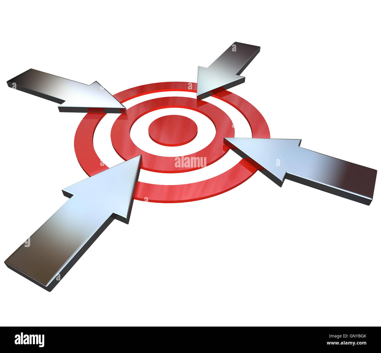 Four Competing Arrows Point at Bulls-Eye Target Stock Photo - Alamy