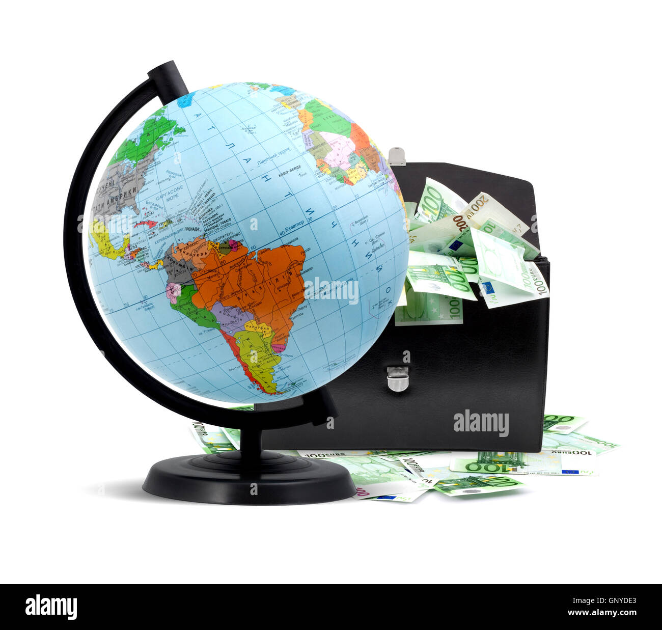 Globe, money and briefcase Stock Photo - Alamy