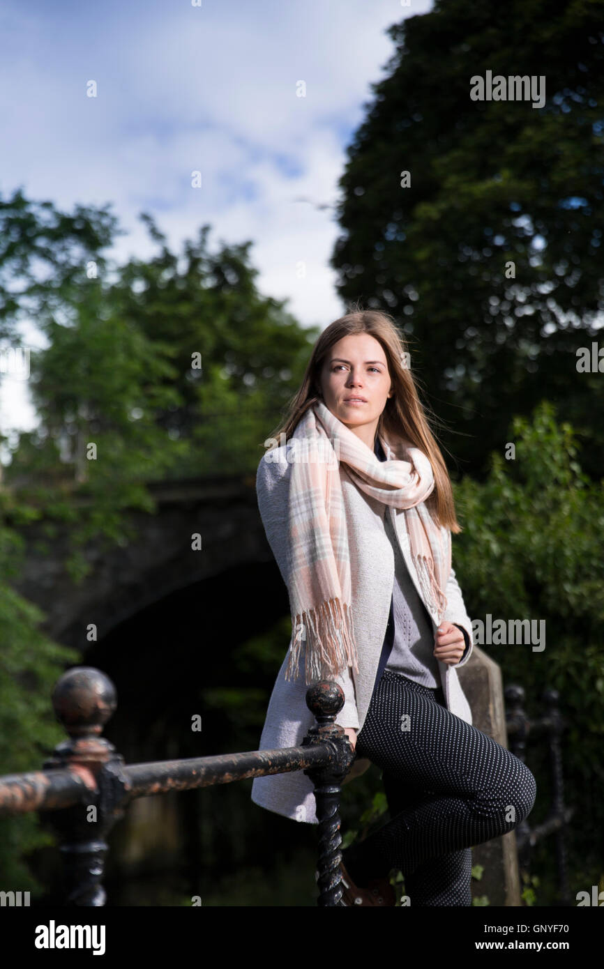 Portrait of a trendy urban woman. Urban Caucasian female in city street ...