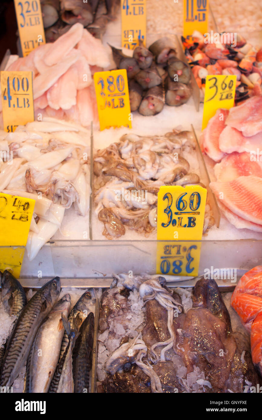 Fresh fish for sale at the seafood market, close-up view Stock Photo ...