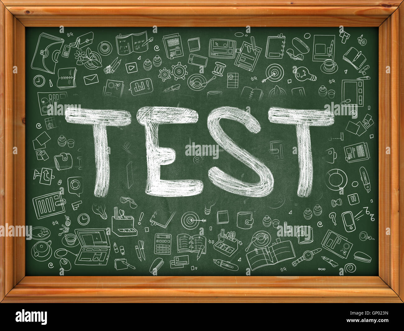 Green Chalkboard with Hand Drawn Test with Doodle Icons Around. Line ...