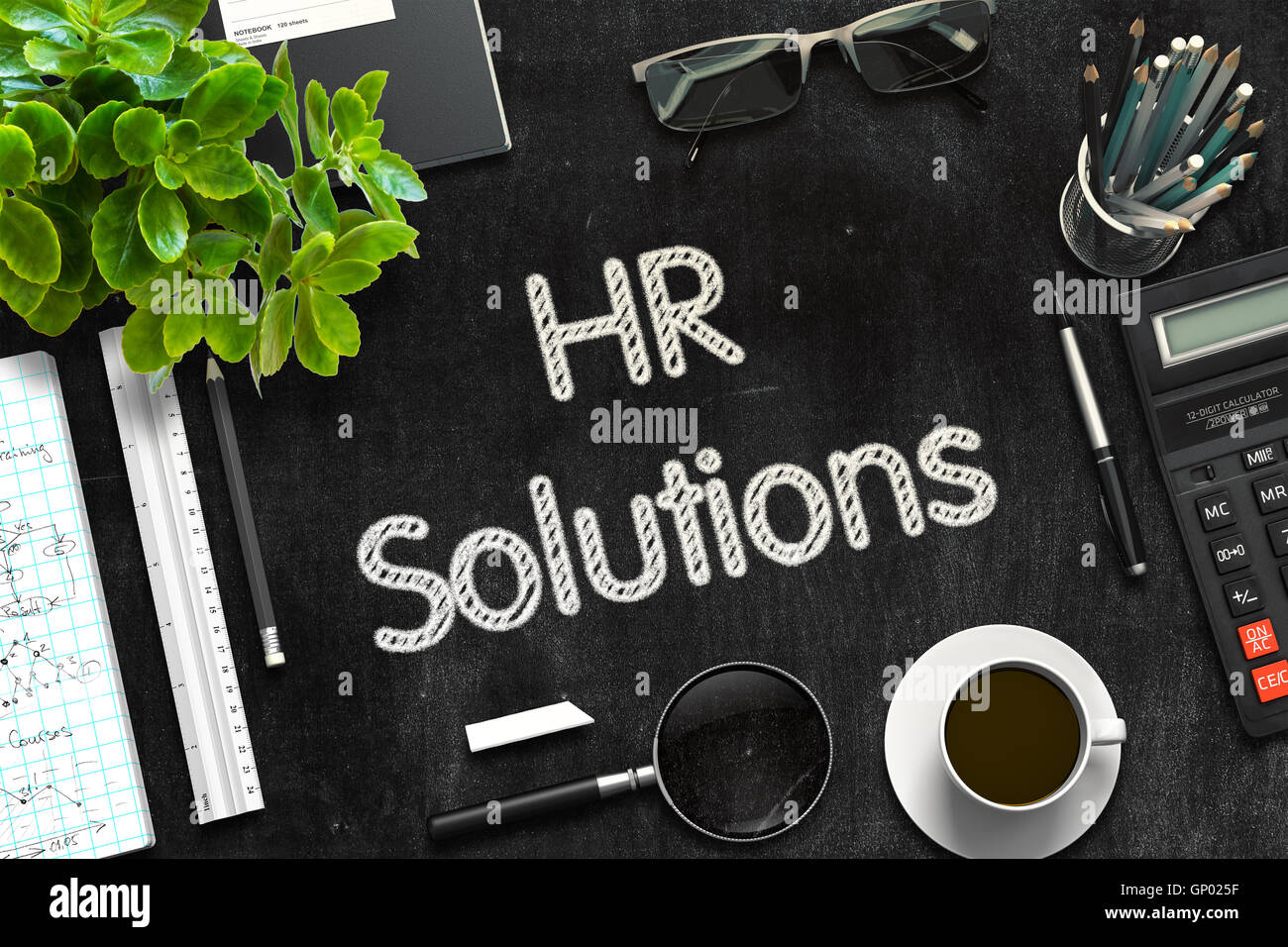 HR Solutions - Text on Black Chalkboard.3d Rendering. Toned ...