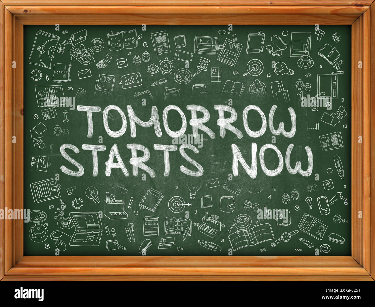 Green Chalkboard with Hand Drawn Tomorrow Starts Now with Doodle Icons ...