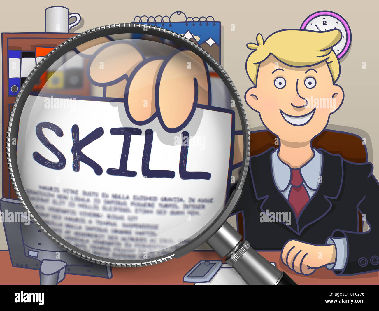 Skill. Happy Man in Office Shows Paper with Text through Lens. Colored ...