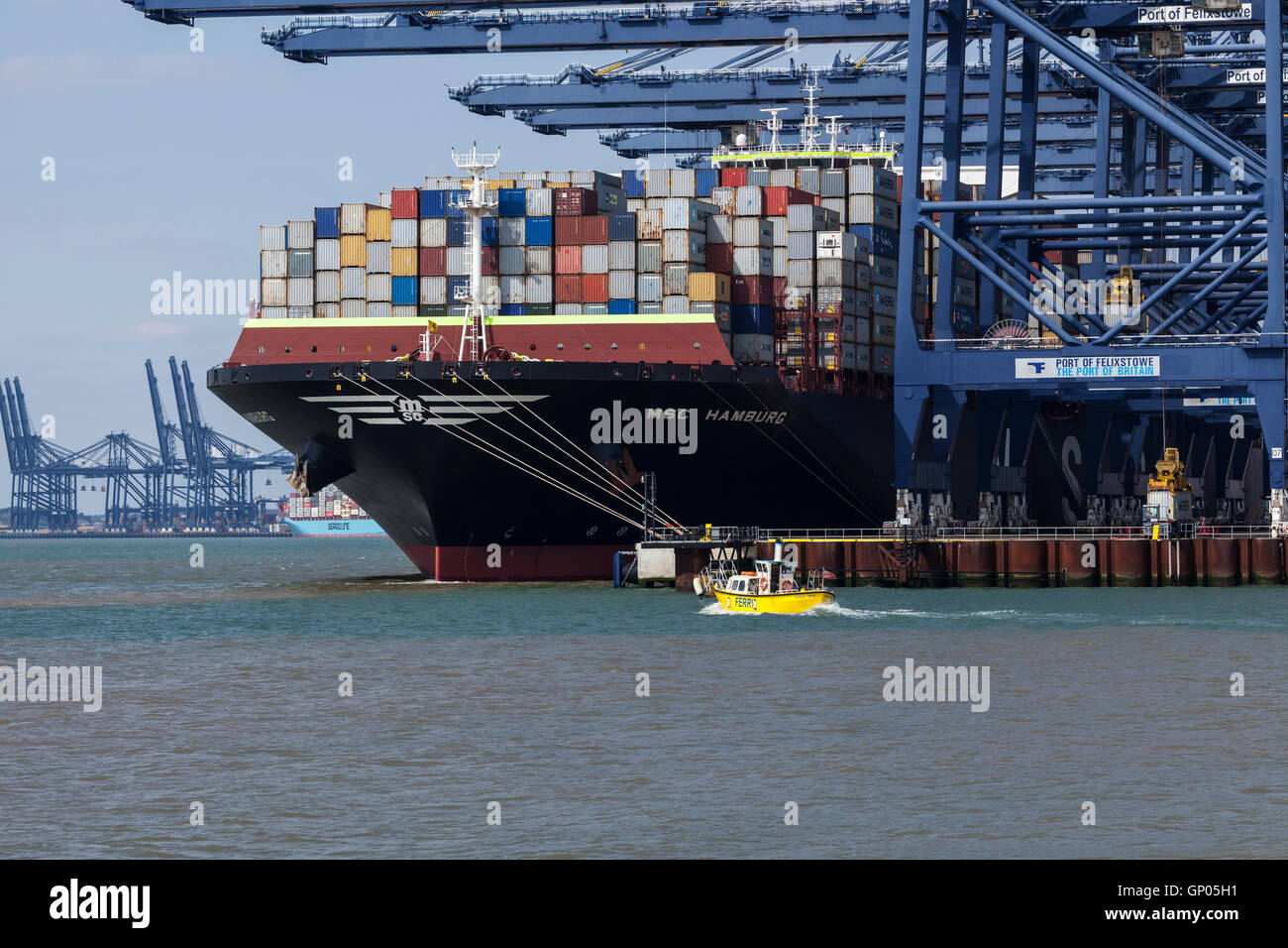 Small Yellow Ferry Boat Passing Container Ship MSC Hamburg at Port of ...