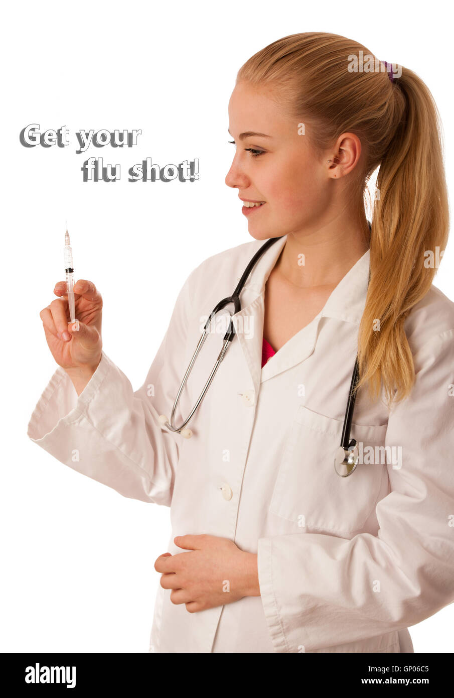 Doctor with stethoscope around neck and needle in hand promoting cure ...