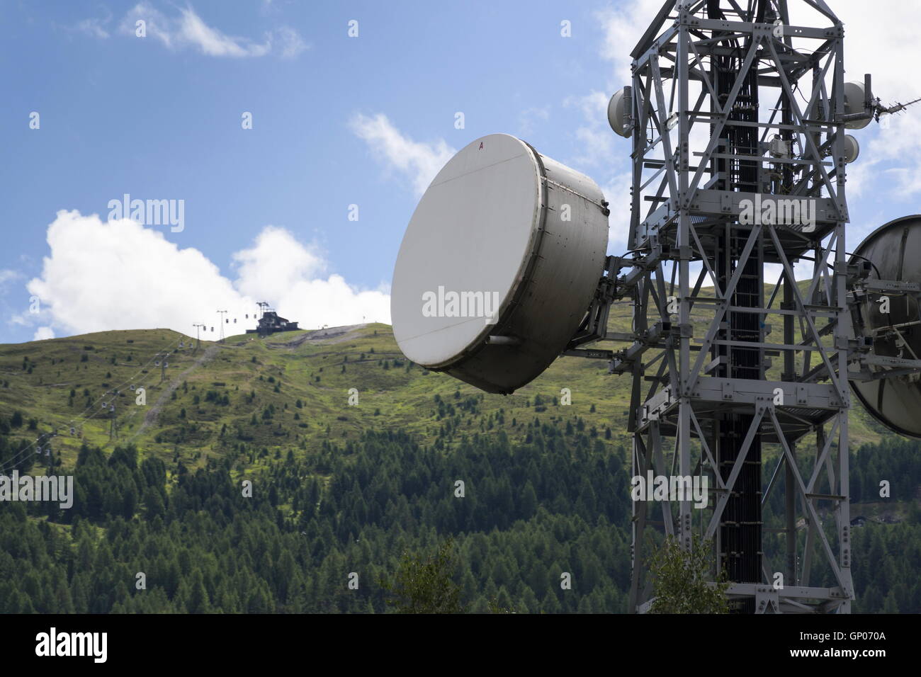 Cell phone transmitters on telecommunication tower in Livigno mountains ...