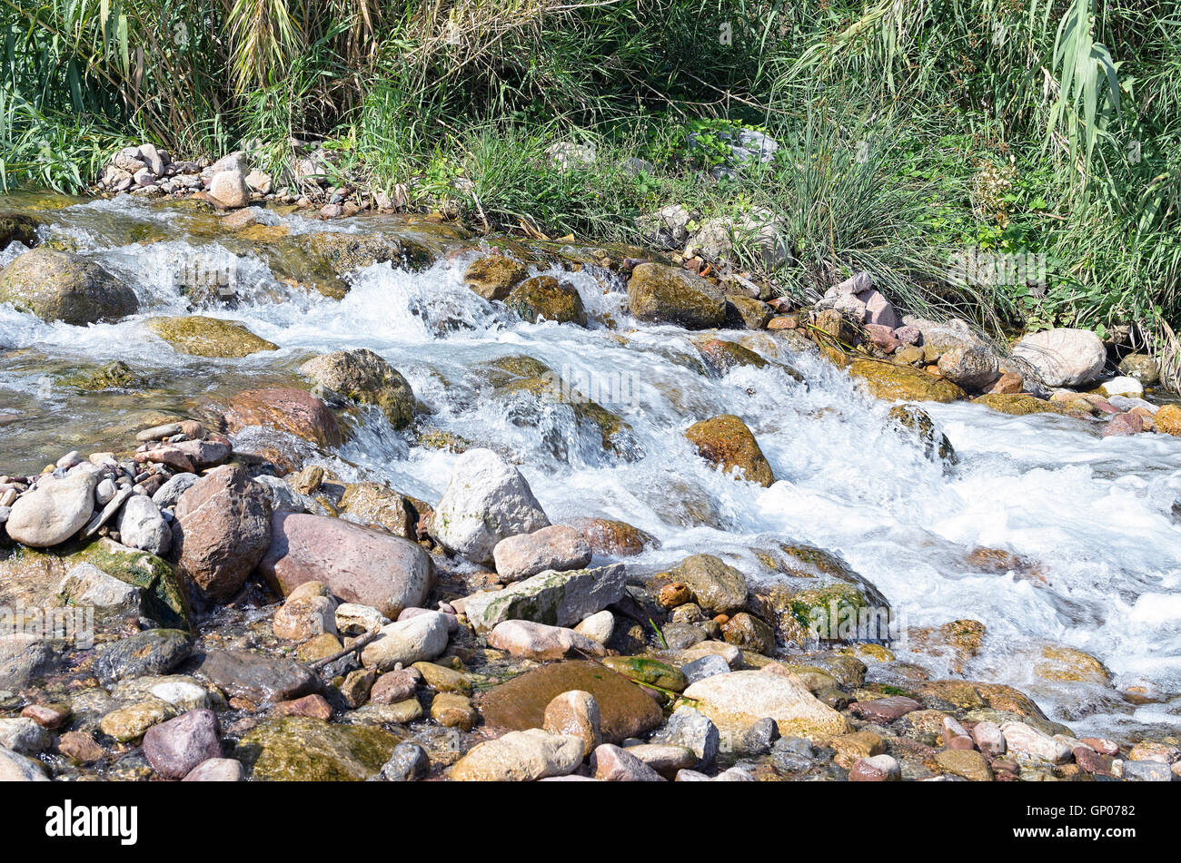 Nature background. River with strong flow, through rocks, forming ...