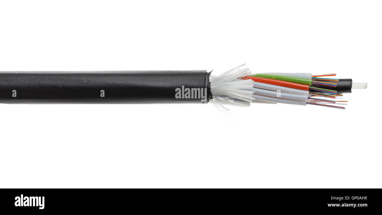 Fiber optical cable detail isolated on white background. Loose tubes ...