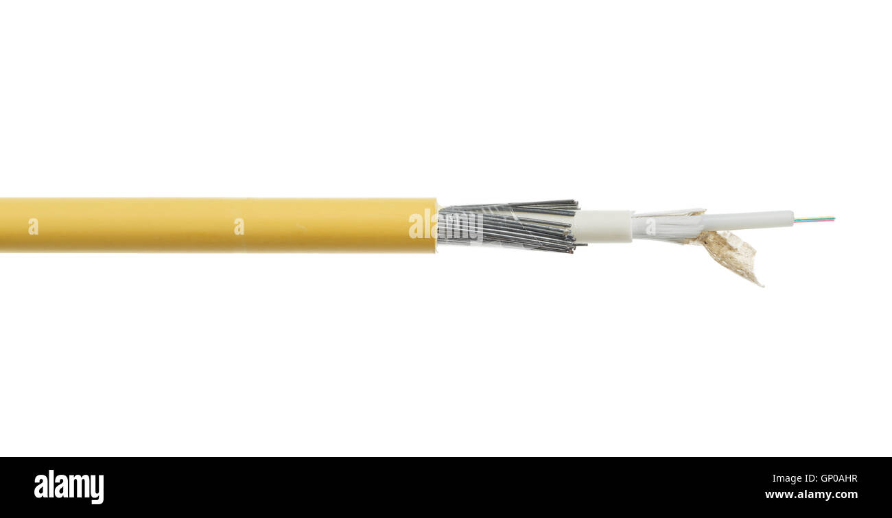 Steel rugged fiber optical cable isolated on white background. Loose ...
