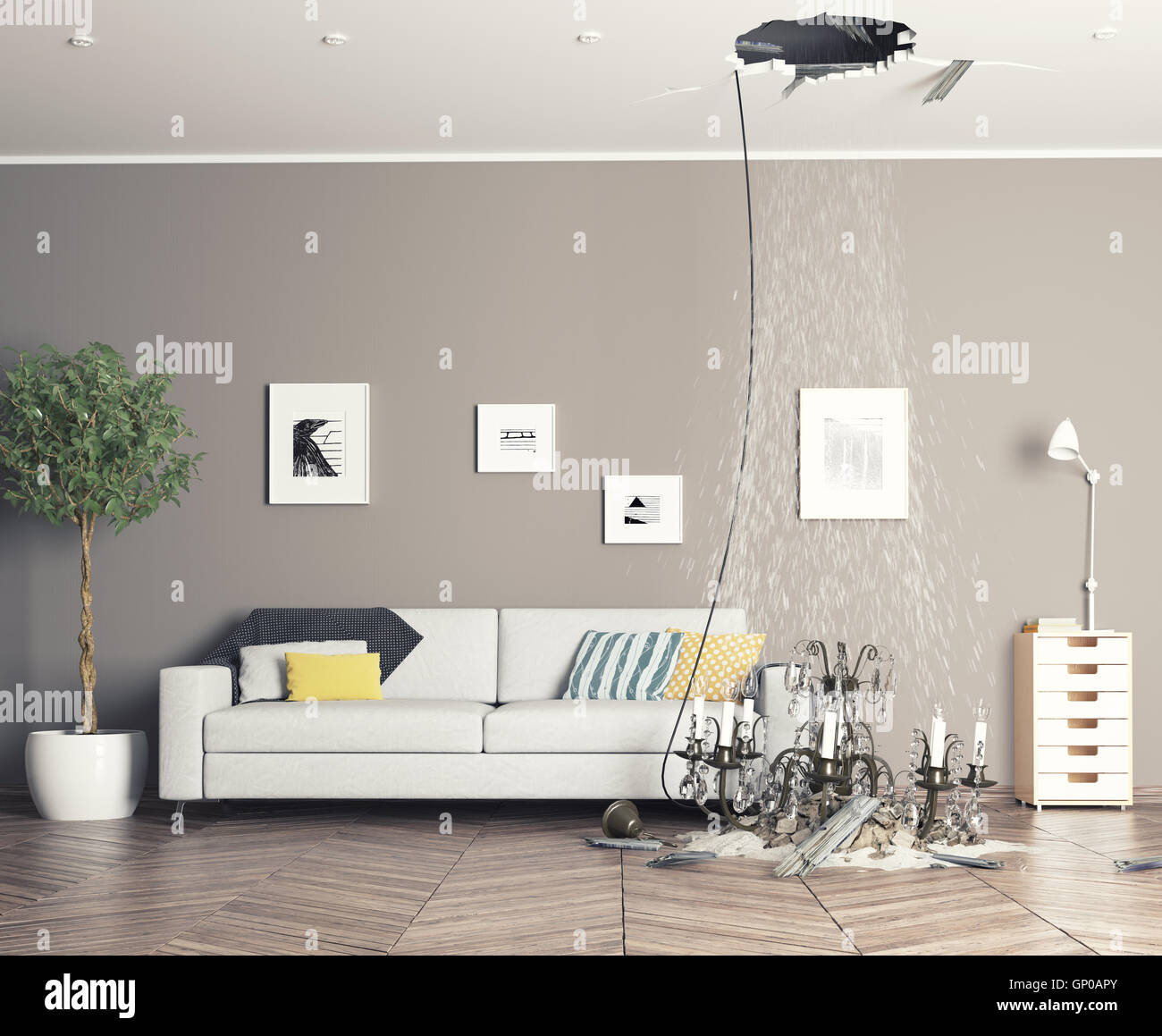 broken ceiling in the room and fallen chandelier Stock Photo - Alamy