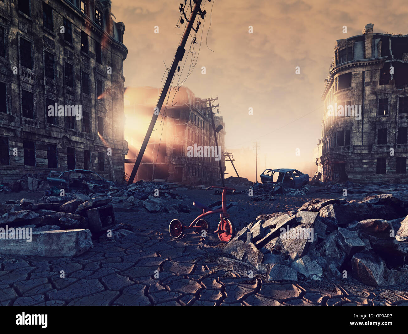 ruins of a city with a crack in the street. 3d illustration concept ...