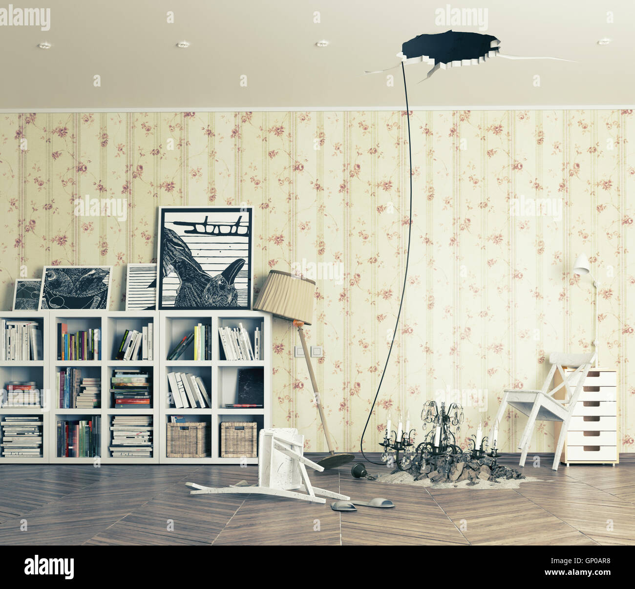 broken ceiling in the room and fallen chandelier Stock Photo - Alamy