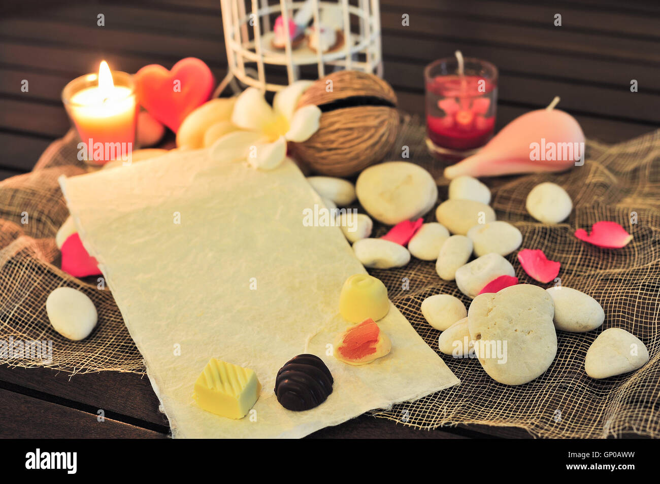 still life blank blurry paper note to fill text under candle light with ...