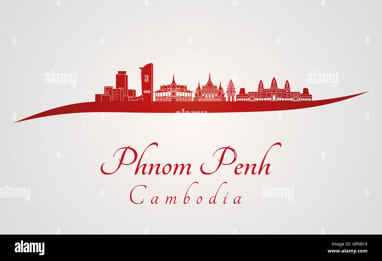 Phnom Penh skyline in red and gray background in editable vector file ...