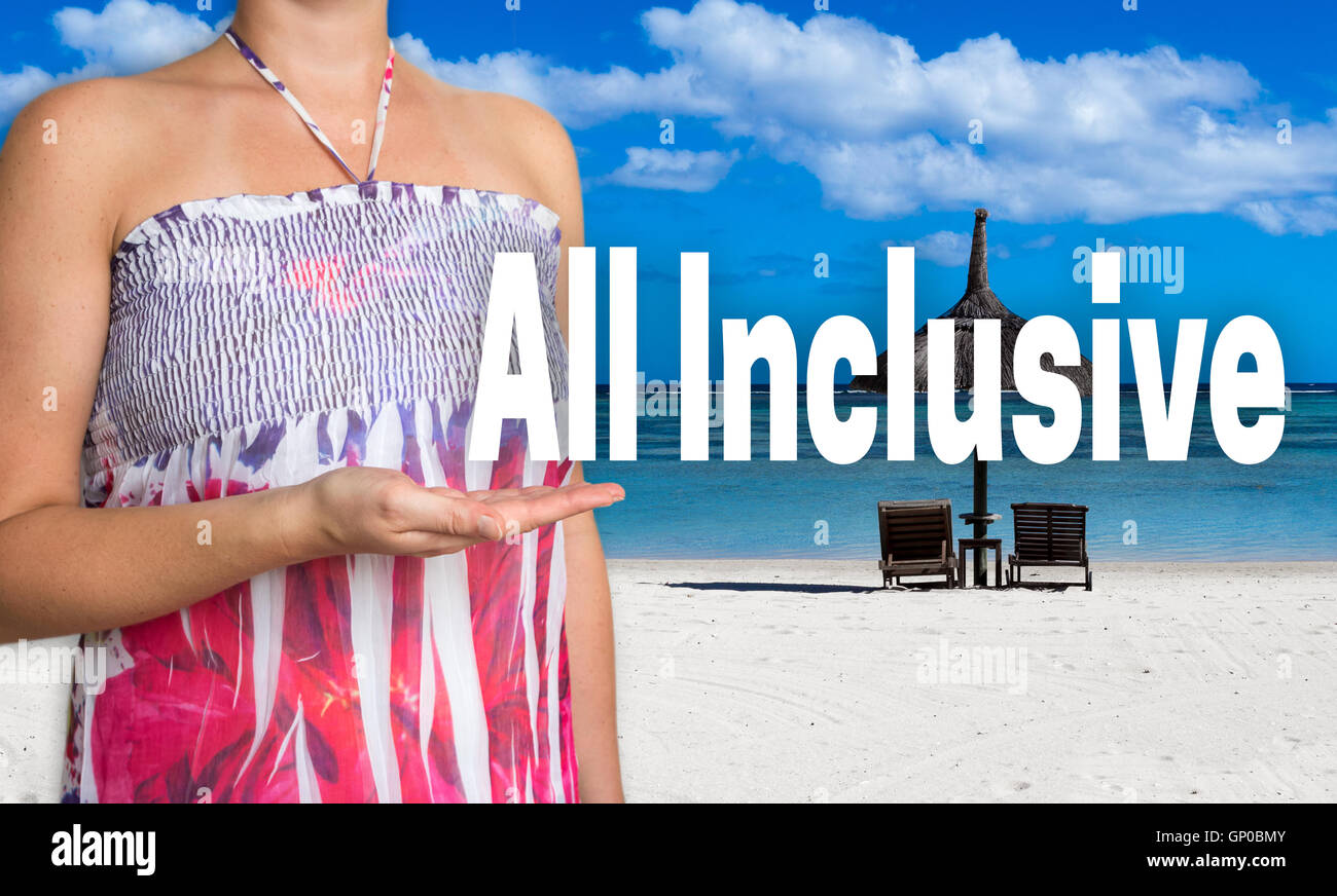 all inclusive concept is presented by woman on the beach Stock Photo ...