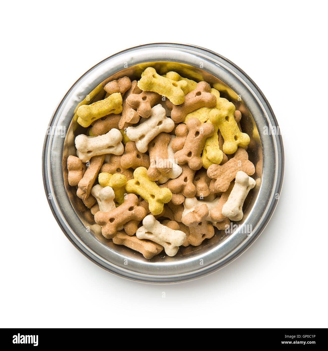 Dog food shaped like bones in bowl isolated on white background. Top ...