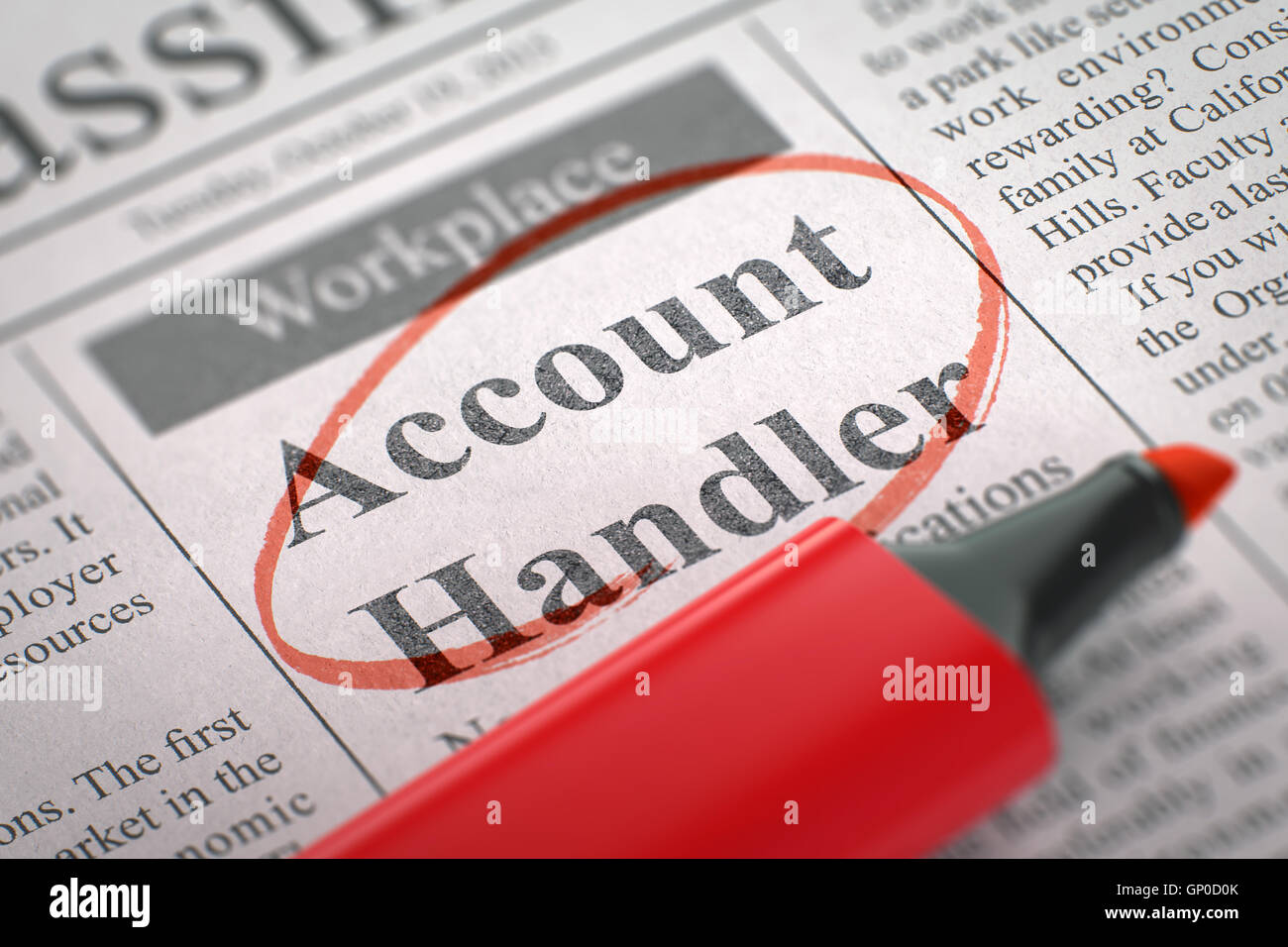 Account Handler - Small Advertising in Newspaper, Circled with a Red Highlighter. Blurred Image ...