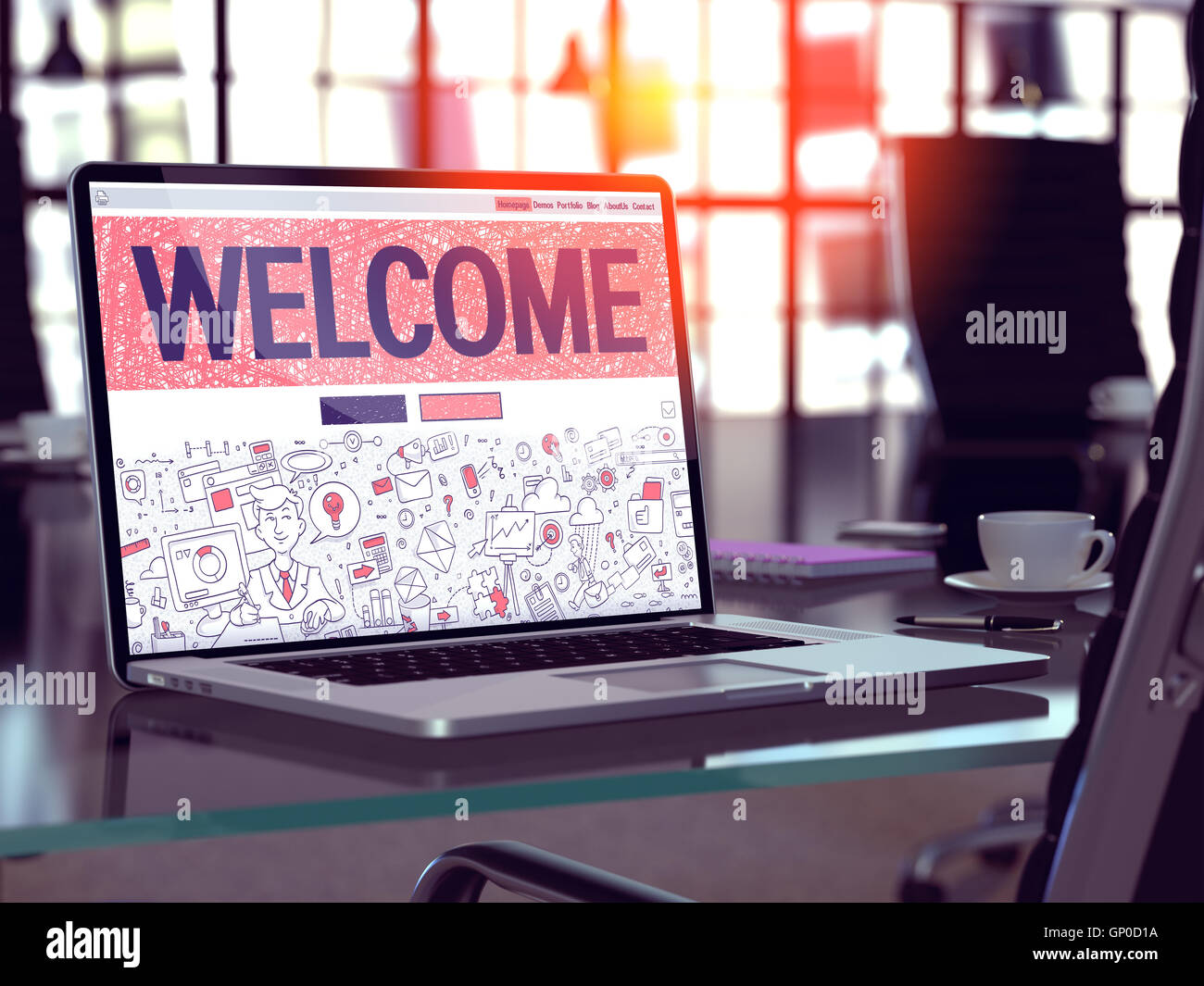 Welcome Concept - Closeup on Landing Page of Laptop Screen in Modern ...