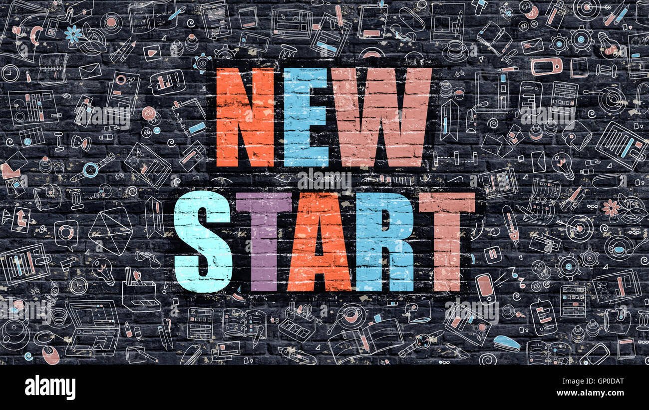 New Start - Multicolor Concept on Dark Brick Wall Background with ...