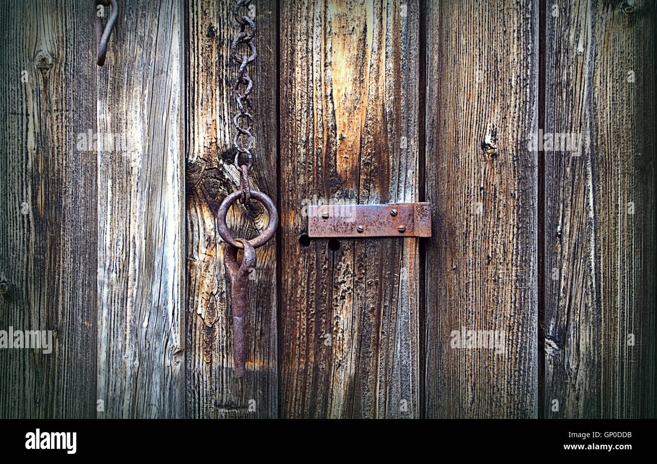 Plank wooden grunge background with ring and rusty lock Stock Photo - Alamy