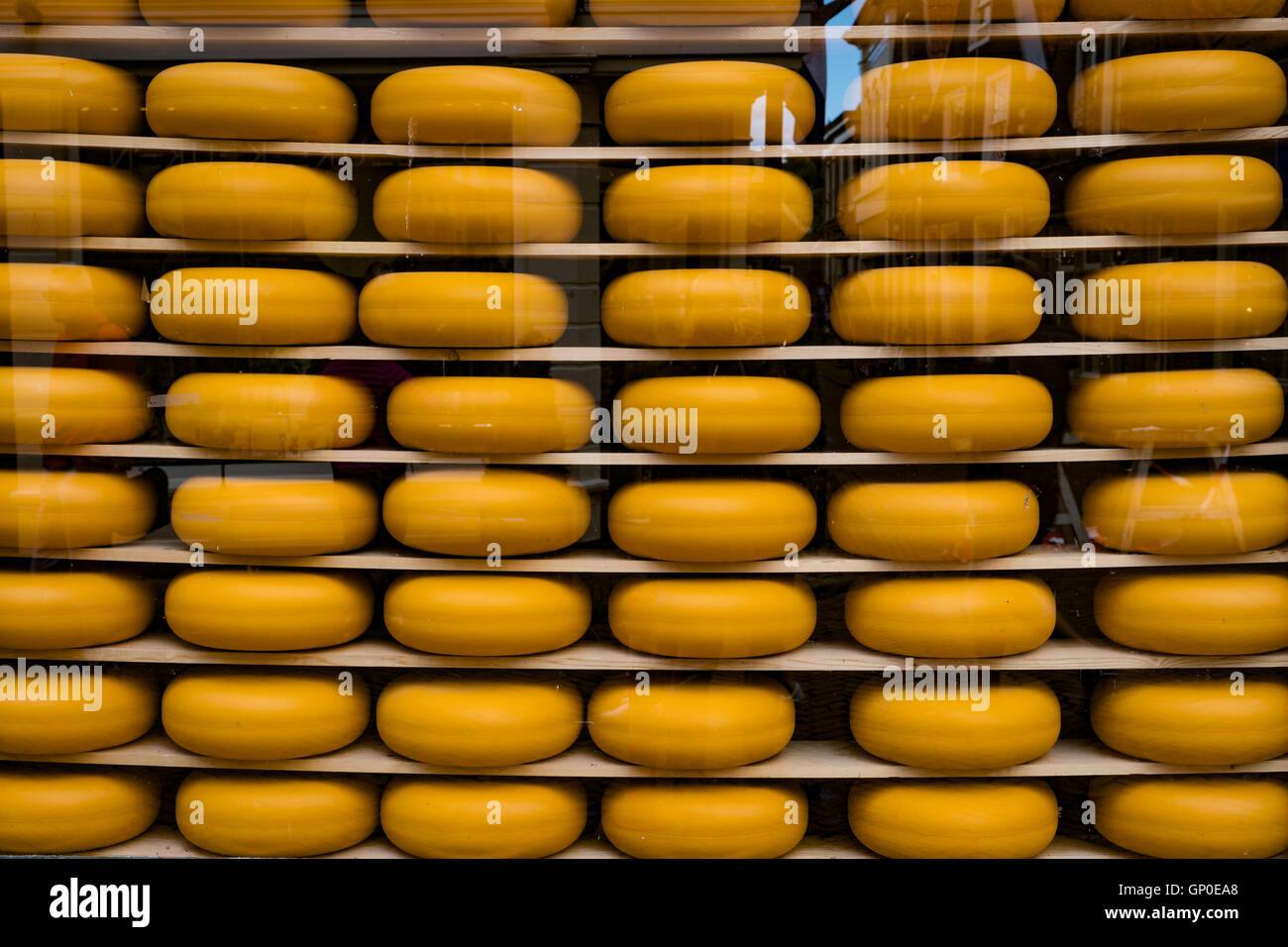 Stacks of cheese in window display, Edam, Netherlands Stock Photo - Alamy