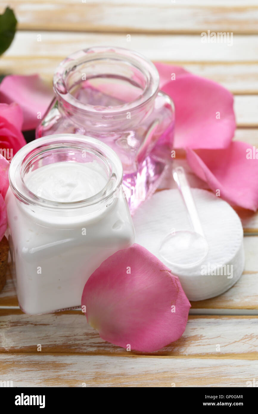 Natural organic cosmetics cream and rose water Stock Photo - Alamy