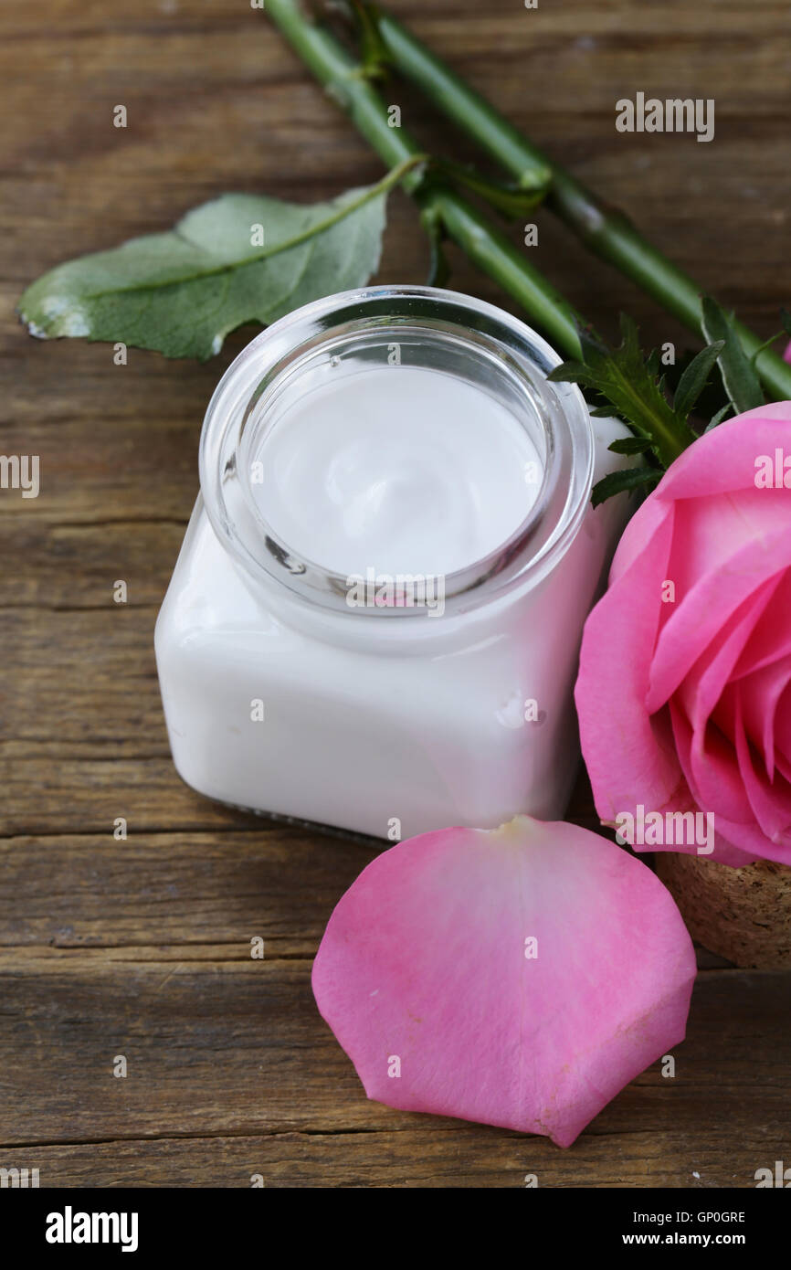 Natural organic cosmetics cream and rose water Stock Photo - Alamy