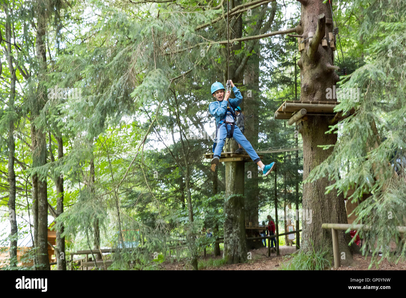 Young boy sliding during tree climbing activity Stock Photo - Alamy