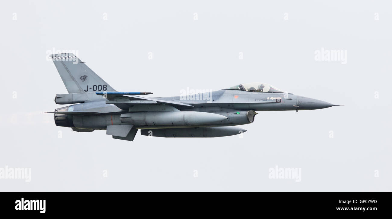 LEEUWARDEN, THE NETHERLANDS - JUN 11, 2016: Dutch F-16 fighter jet take off during the Royal ...