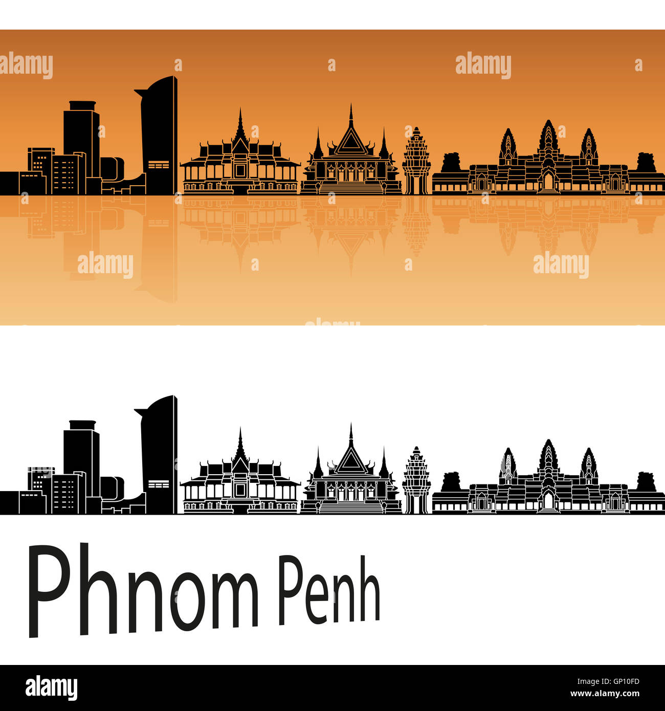 Phnom Penh skyline in orange background in editable vector file Stock ...
