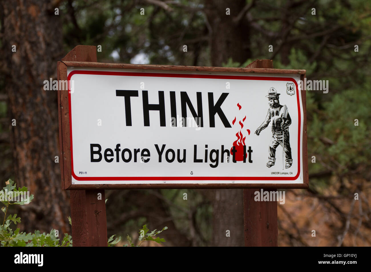 Think Before You Light fire safety sign. USA Stock Photo - Alamy