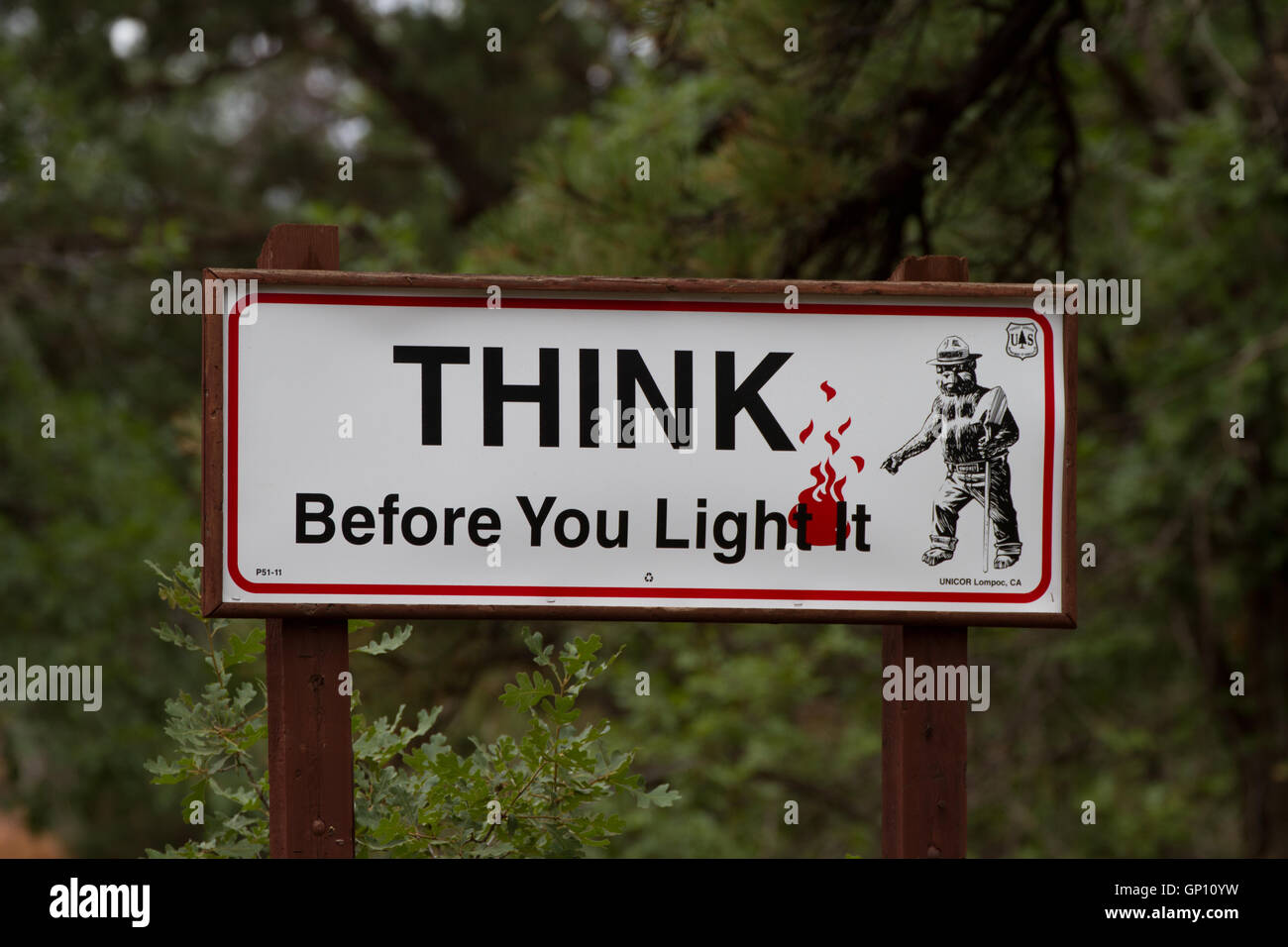 Think Before You Light fire safety sign USA Stock Photo - Alamy