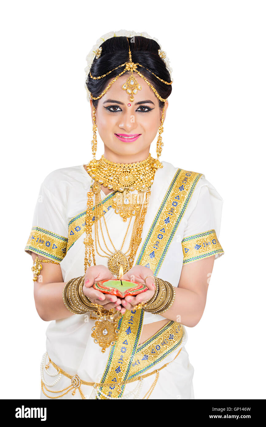 1 Beautiful Adult Bride Malayalee Woman Diwali Diya Hands-cupped ...