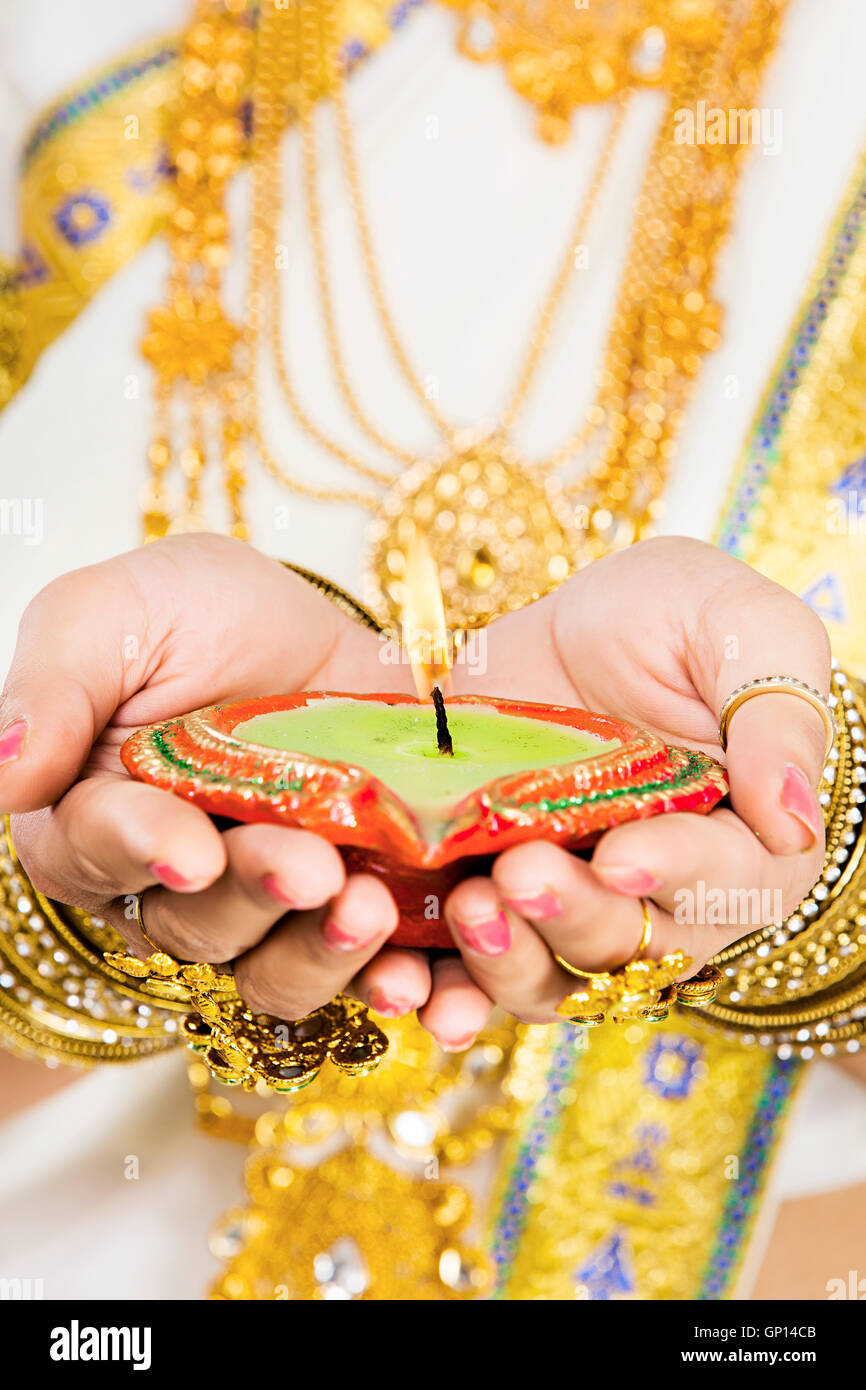 1 Beautiful Adult Bride Malayalee Woman Diwali Part-of Diya Hands ...