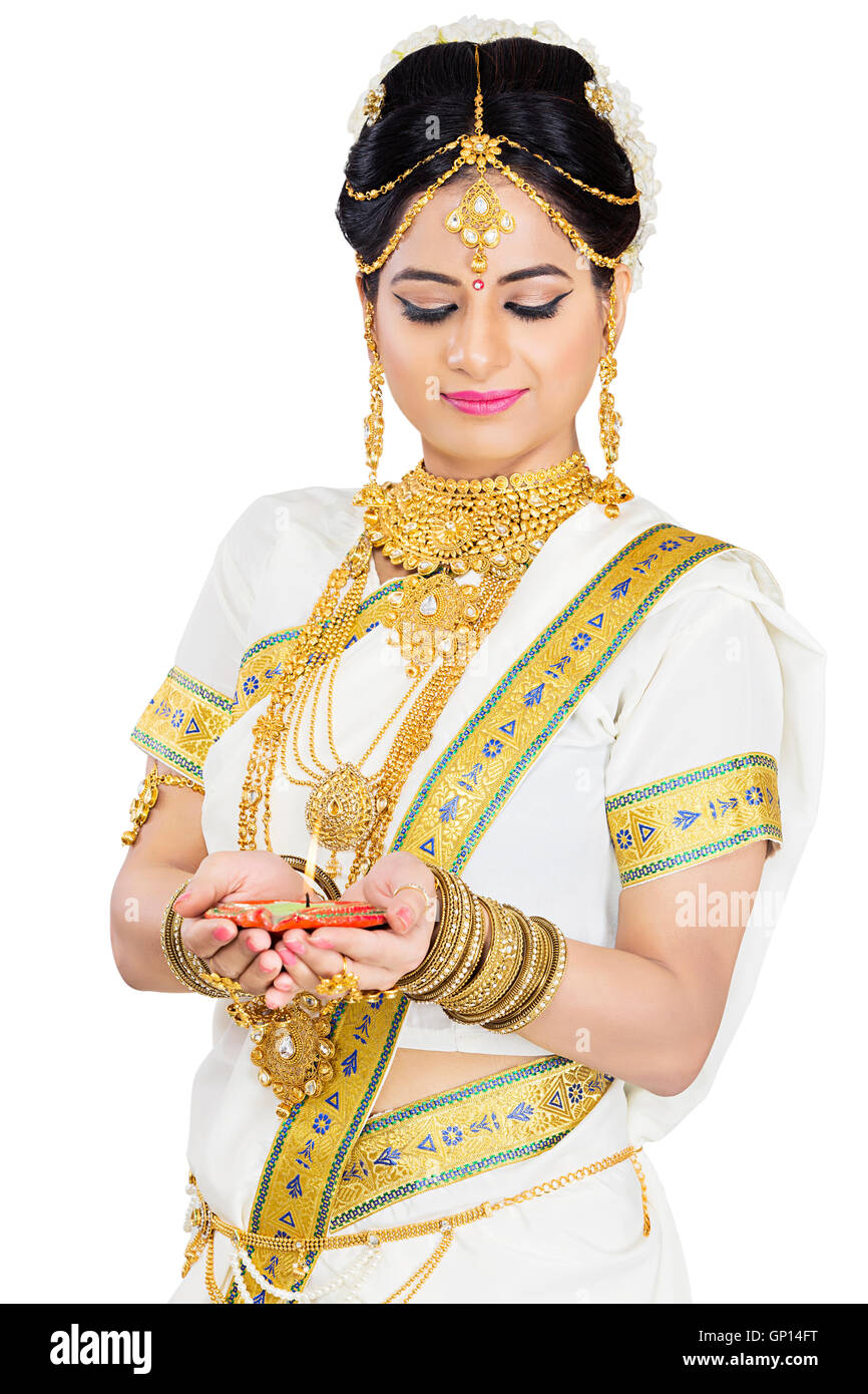 1 Beautiful Adult Bride Malayalee Woman Diwali Diya Hands-cupped ...